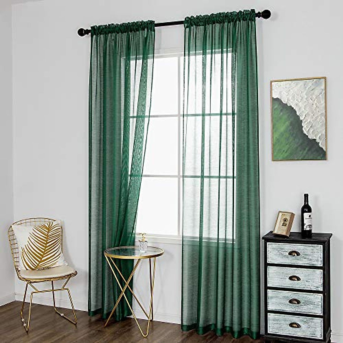DUALIFE Emerald Green Sheer Curtains 84 inch Length Hunter Green Solid Voile Window Curtain Panels Drapes Rod Pocket Top for Living Room Bedroom Transparent Window Treatments 2 Panels