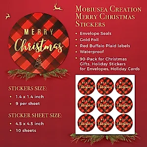 Mobiusea Creation Merry Christmas Stickers | Envelope Seals | 1.4 inch | Gold Foil | Red Buffalo Plaid Labels| Waterproof | 90-Pack for Christmas Gifts, Holiday Stickers for Envelopes, Holiday Cards