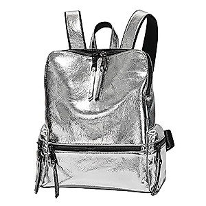 Downupdown Stylish Backpacks for Women Shiny Soft Leather Backpack with Top Handle Zipper Purse Shoulder Bags Travel Daypack Casual Waterproof Travel Bags-Sliver