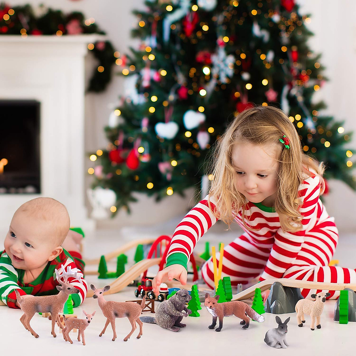 TUPARKA 10 Pcs Forest Animals Figures, Miniature Woodland Creatures Figurines Squirrel, Rabbit, Fox, Sheep, Beaver, Deer Figurines Woodland Cake Topper for Birthday Party, Baby Shower, Christmas Party