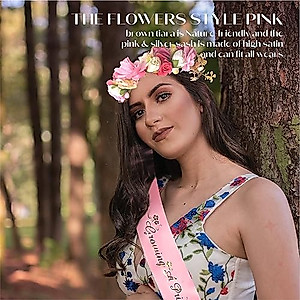 MEANT2TOBE Baby Shower Decoration for Mom To Be and Dad To Be, Pink, Brown Flowers style Tiara + Pink & Silver Sash + Pink & White Daddy to be pin, Maternity Christmas Gift for Her nd Him