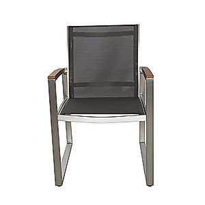 Aubrey Patio Dining Chairs - Aluminum - Outdoor Mesh Seats - Faux Wood Arms - Set of 2 - Silver with Gray and Natural Finish