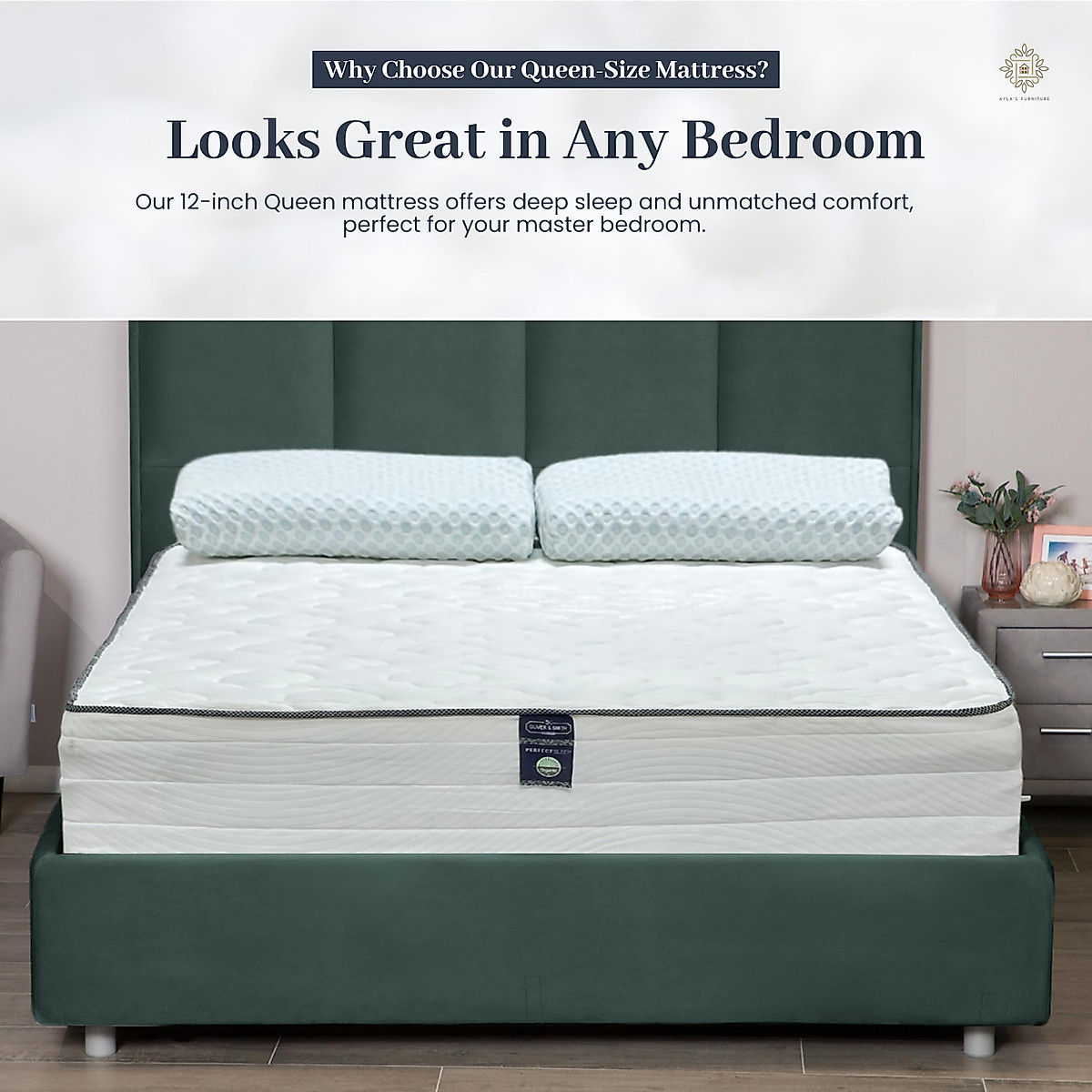 Aylas Furniture Queen Size Mattress - 12 Inch Cool Memory Foam & Spring Hybrid Mattress with Breathable Cover - Tight Top - Rolled in a Box by Oliver & Smith
