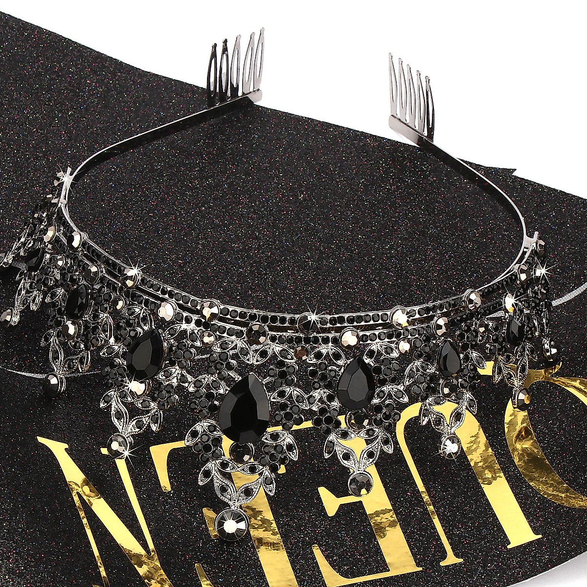 Birthday Queen Sash and Tiara for Women Crystal Tiara and Satin Kit for Girl Rhinestones Crown with Comb Glitter Hair Accessories for Prom Party Decoration Cake Topper Accessory Set with Pin (Black