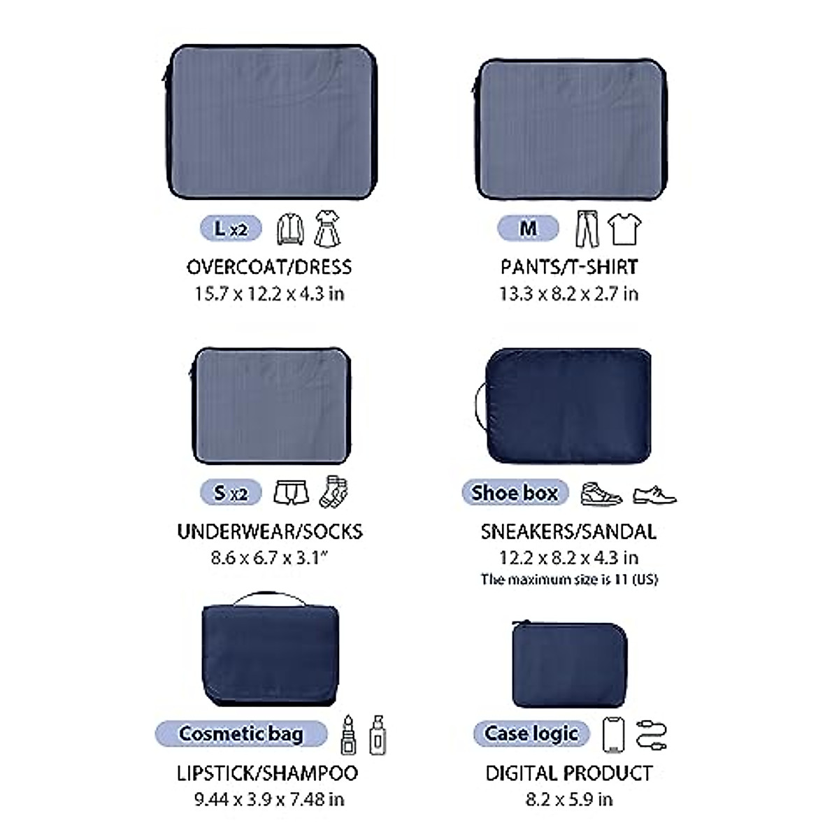 DIMJ Packing Cubes for Travel, 8 Set Luggage Packing Organizers Lightweight Suitcase Storage Bag with Multiple Sizes Travel Bag for Clothes Shoes Cosmetics Toiletries (Navy blue)