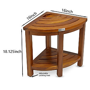 TeakCraft Teak Corner Bench with Shelf and Basket, Fully Assembled, 16 Inch, The Loki