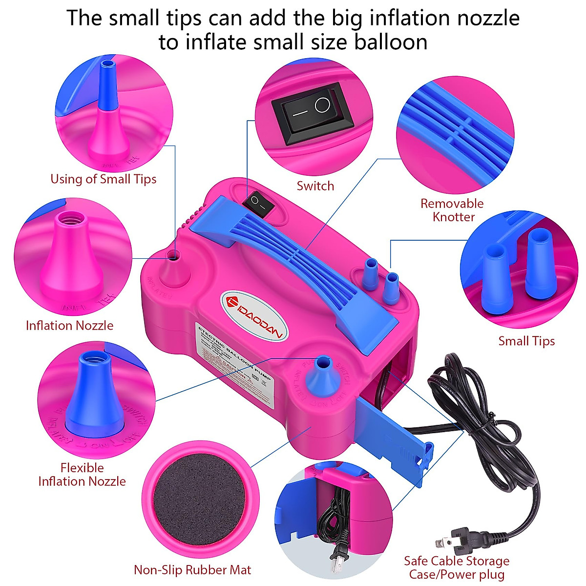 IDAODAN Electric Balloon Pump, Portable Electric Balloon Blower Machine Balloon Air Pump Dual Nozzle110V 600W Balloon Inflator for Party Decorations