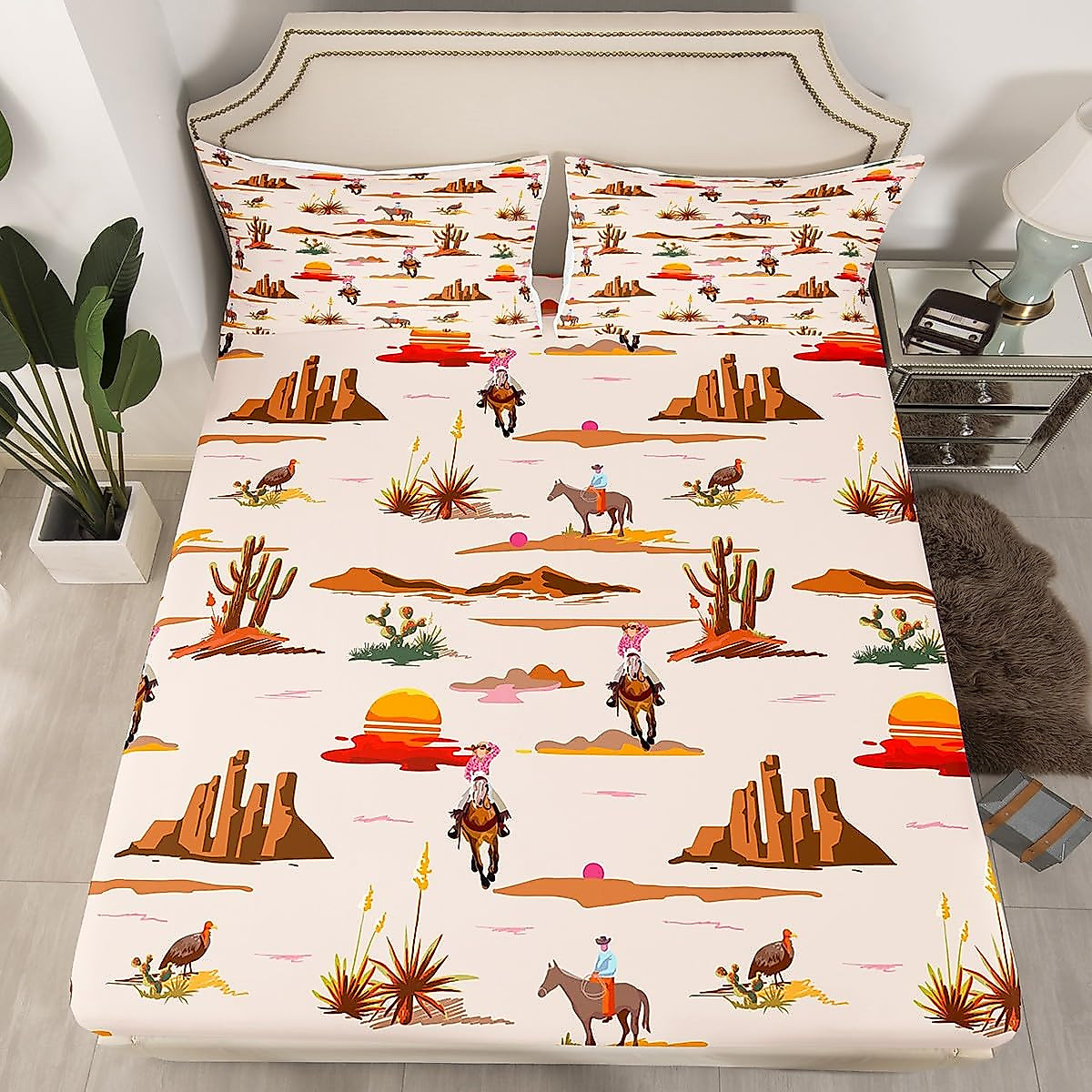 Erosebridal Western Cowboy Bed Sheets Queen, Retro Animal Fitted Sheet for Kids, Cartoon Sunset Desert Cowgirl Sheets, American Adventure Brown Bedding Set