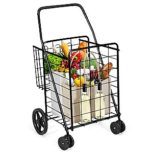 Safeplus Folding Shopping Cart, Utility Cart with Rolling Swivel Wheels&Double Basket, Grocery cart for Grocery, Laundry,Book,Luggage, Travel (Light Weight 24" x 24" x 40", Black)