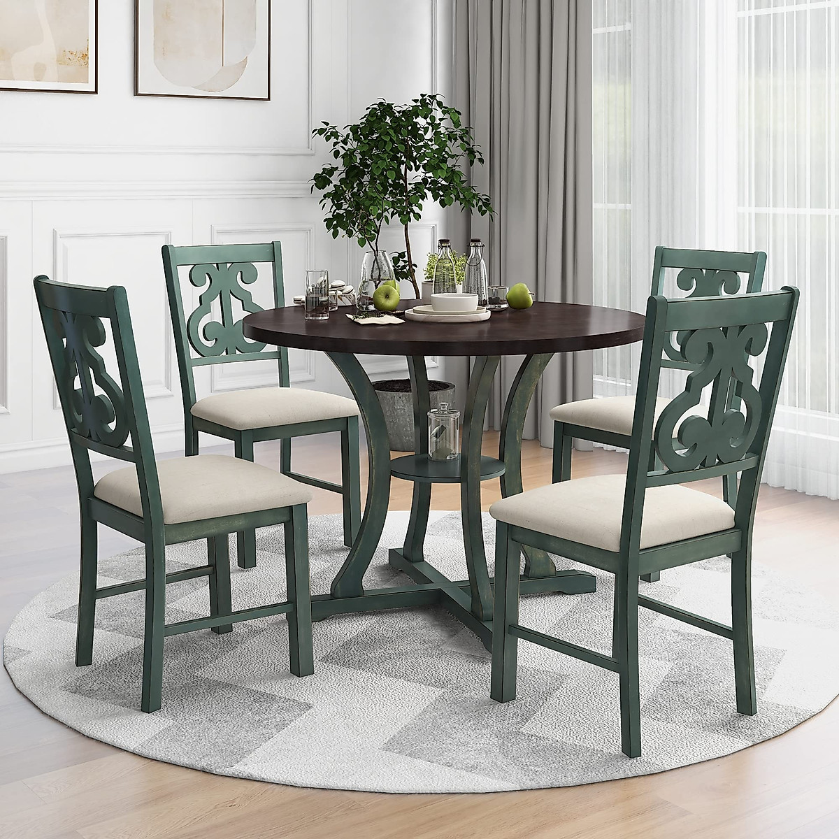 Merax 5-Piece Round Dining Table Set with Special-Shaped Legs and an Exquisitely Designed Hollow Chairs Back, Antique Blue/Dark Brown