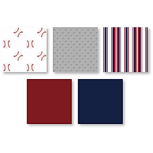 Sweet Jojo Designs Red, White and Blue Baseball Patch Sports Boy Toddler Kid Childrens Bedding Set - 5 Pieces Comforter, Sham and Sheets - Grey Patchwork Stripe