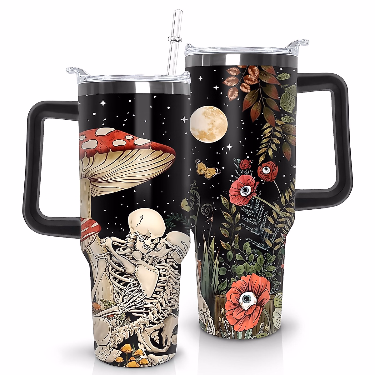 thmasamwr Mushroom Tumbler with Lid and Straw, Stainless Steel Mushroom 40oz Tumbler with Handle, Black Mushroom Travel Coffee Mug Mushroom Gifts Cups for Women and Men