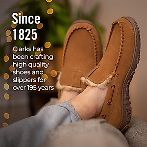 Clarks Mens Suede Venetian Moccasin Slipper A345001 - Warm Plush Faux Fur Lining - Indoor Outdoor House Slippers For Men (11 M US, Cinnamon)
