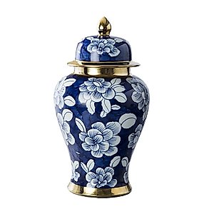 Hand Painted Blue and White Porcelain Ginger Jar Ceramic Vase, Chinese Style Living Room Home Decoration, Temple jar with Gilt Edge (Size : Small)
