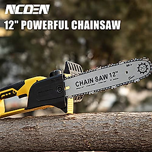 NCOEN Brushless 21V 12'' Handheld Lightweight Chainsaw Kit with Tool-free Chain Tension & Auto Lubrication, Includes 4.0Ah Battery and Charger