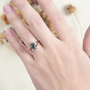 Natural Moss Agate Gemstone Genuine 925 Sterling Silver Ring for Women Kite Cut Women's Ring Set for Engagement Silver 925 Jewelry (Rose Gold Plated Silver, 8)