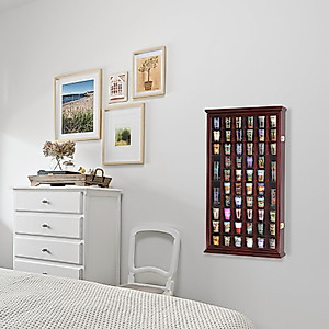 DisplayGifts Solid Wood Shot Glass Shooter Display Case Holder Cabinet Wall Rack Hinged Glass Door 56 Slot Cherry Finish