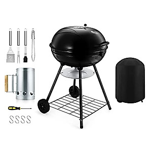 22 inches Outdoor Charcoal Grill Set of 12, Leonyo Large Kettle BBQ Charcoal Grill for Camping, Round Barbecue Grill Cooking Accessories with Charcoal Chimney Starter, Grill Cover, Tongs for Backyard