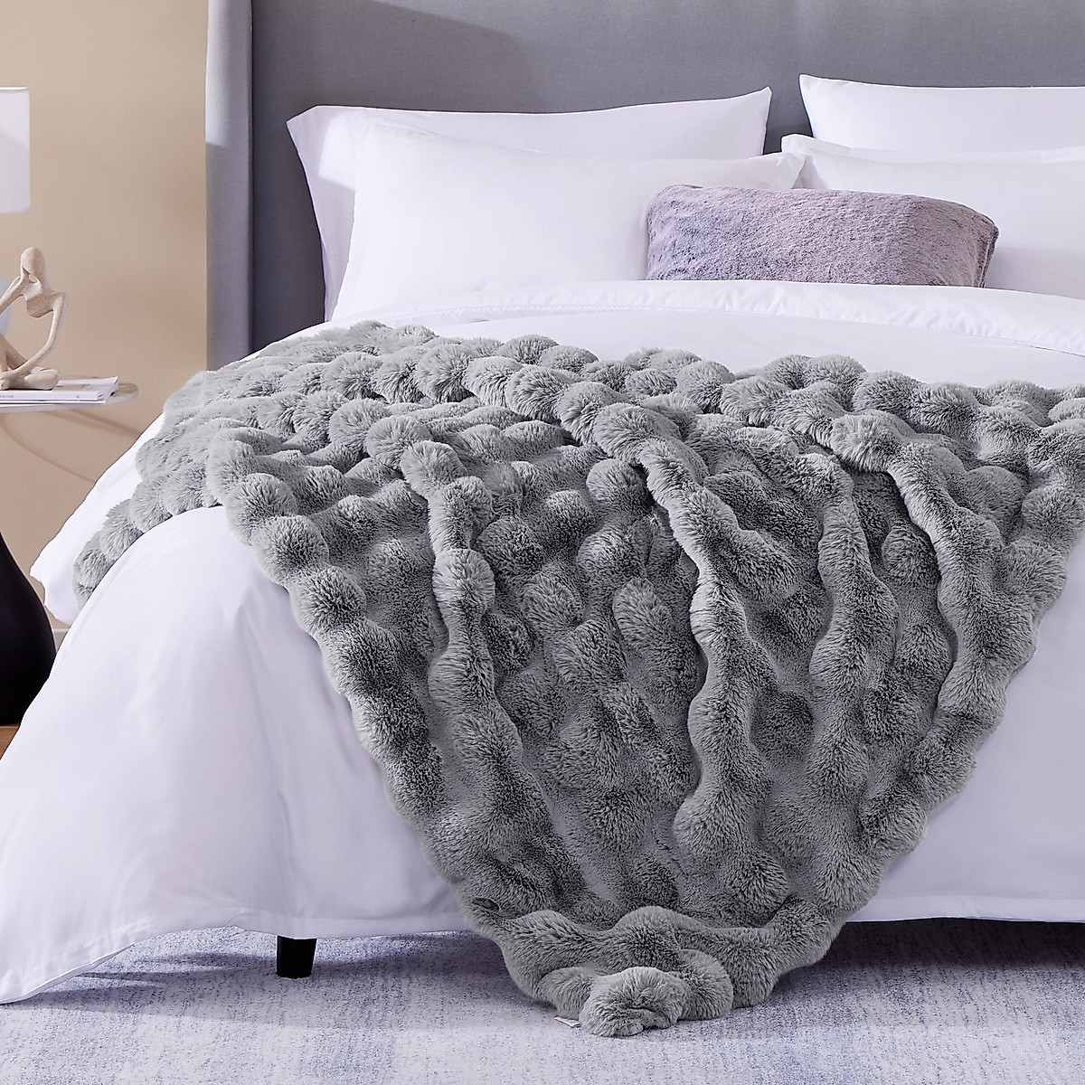 CozyBloom Luxury Soft FauxFur Throw Blanket for Couch,Decorative Cozy Plush Long Shaggy Fluffy Blanket,Grey Solid Comfy Fleece Furry Blanket,Reversible Puffy Thick Warm Blanket,50''X60''(JF003)