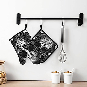 Sugar Skull Oven Mitts and Pot Holders Sets Non-Slip Heat Resistant Kitchen Gloves and Pot Pad for Cooking Baking Grilling