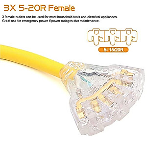 Ruikarhop 1.5FT 30 amp to 15 amp Generator Adapter Power Cord，Nema L5-30P Male to 3X 5-20R Female with Lighted End