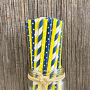 Navy Blue Yellow and White Paper Straws - Stripe Polka Dot - 100 Pack Outside the Box Papers Brand