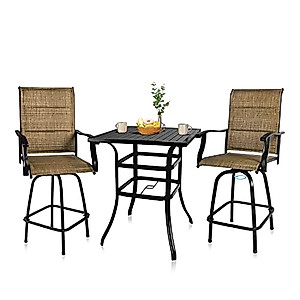 Bigroof 3 Piece Patio Bar Sets, with 2 Outdoor Bar Swivel Stools with High Back & Armrest and 1 Square Table with Umbrella Hole (Set of 3)
