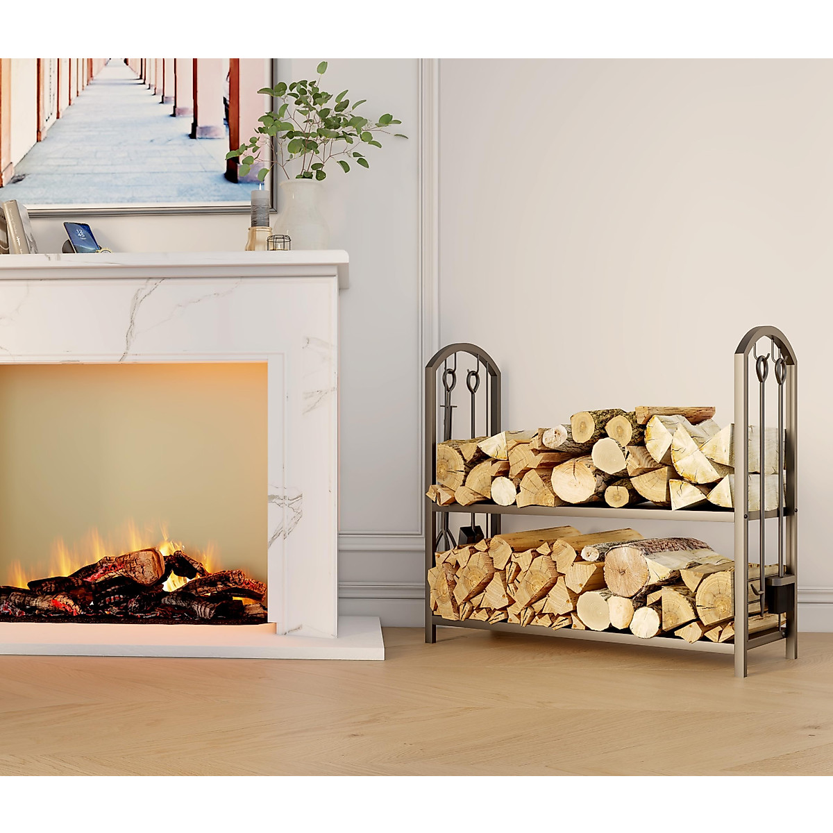 Fire Beauty Fireplace Firewood Log Rack 5-Piece Storage Logs Holder with Tools Set with 4 Tools Set Fireside Holders Wood Lumber Storage Stacking Black