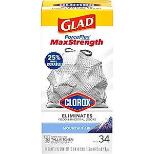 Glad ForceFlex MaxStrength with Clorox Tall Kitchen Trash Bags, 13 Gal, 34 Ct (Package May Vary)