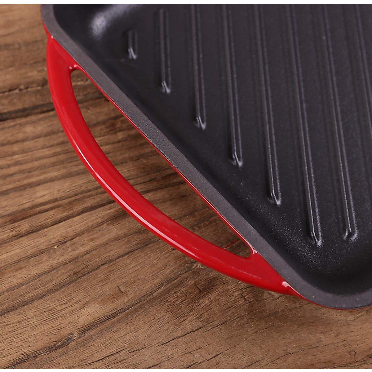LI-GELISI Enameled Pre-Seasoned Cast Iron Double Handle Rectangle Grill Pan 15.8 inch, Red