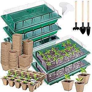 Hahood 6 Sets Cells Seed Starter Tray Kit with Humidity Dome and Base Seed Starter Peat Pots Germination Trays Including Plastic Plant Growing Trays for Indoor Outdoor Gardening, Green