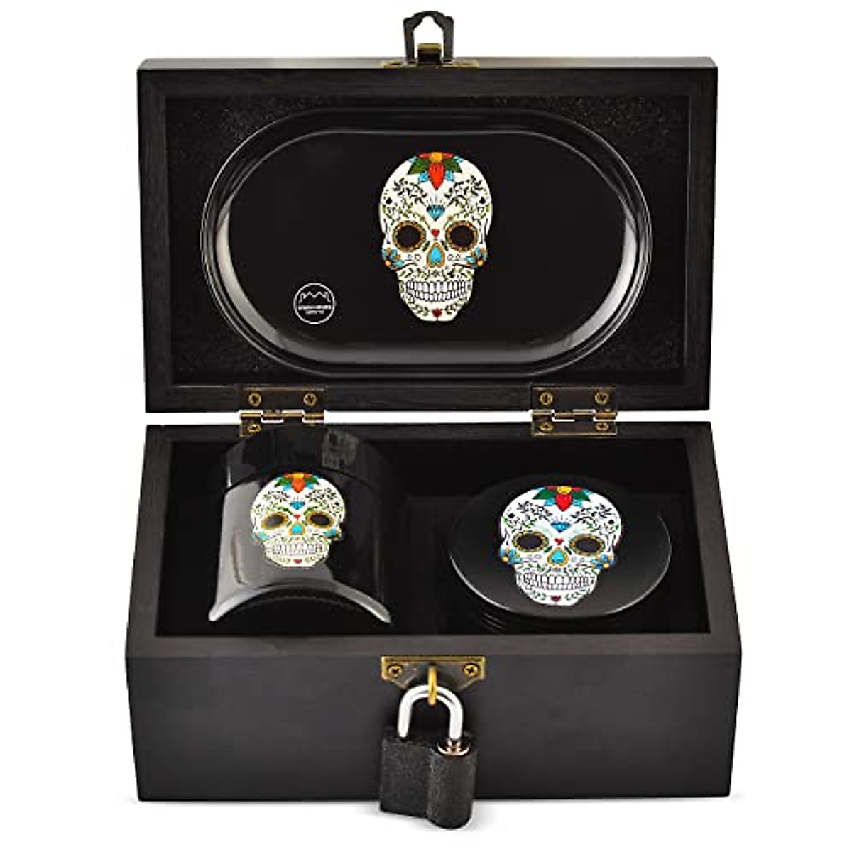 STASH HOUSE SUPPLY CO. Day of the Dead Design Premium Bamboo Stash Box Set with UV Glass Jar, Metal Tray and Lock - Great Gift for Skull Lovers