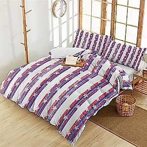 4th of July Queen Duvet Covers American Patriotic Stars Horizontal Stripe 3-Piece Bedding Sets Luxury Soft Microfiber Bed Comforter Protector with Pillow Cases for Women Men Girl Boy Red Blue White
