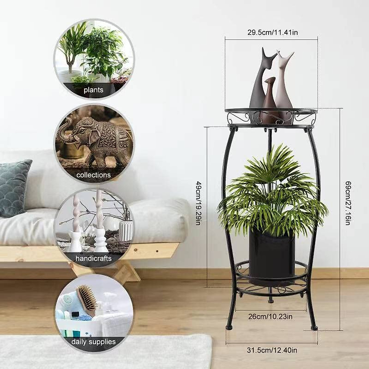 Tall Plant Stands Indoor Outdoor, 2Tier Metal Potted Flower Pot Stand for Multiple Planter,Heavy Duty Iron Planter Shelves Rack Anti-rust for Planter Garden 27" (Black)