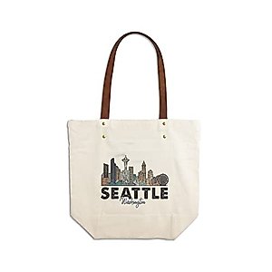 Seattle, Washington, Skyline, Icon, Contour (Canvas Deluxe Tote Bag, Faux Leather Handles & Zip Pocket)