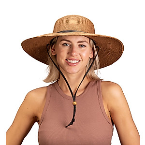 Sloggers Women's Wide Brim Braided Sun Hat with Wind Lanyard - UPF 50+ Maximum Sun Protection Dark Brown