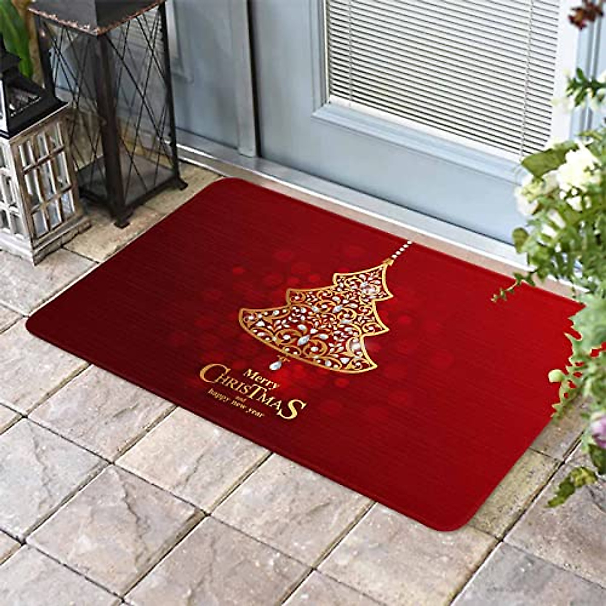Christmas Bath Rugs Xmas Trees Diamond Sponge Doormat Absorbent Non Slip Backing Durable Soft Flannel Mat Red Christmas Memory Foam Mats Carpet for Bathroom Kitchen, 20 x 32 inch