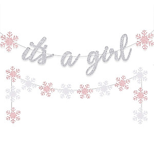 Snowflake Girl Baby Shower Banner Winter Party Decoration Its A Girl Letter Garland Pink Silver Supplies