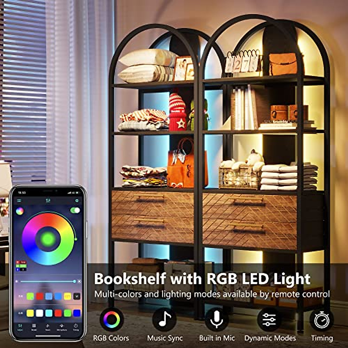 Tribesigns 4-Tier Bookshelf with 2 Drawers, Industrial Open Book Shelf Arched Bookcase, 70.8" Tall Storage Shelves Display Rack with LED Light and Metal Frame for Living Room, Home Office (1)