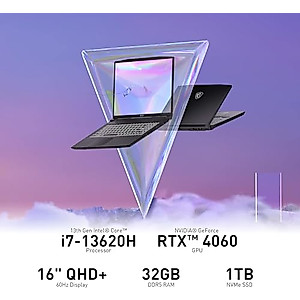 MSI Creator M16 Laptop 2023 Newest, 16" 60Hz QHD+ Content Creation Laptop, 13th Gen Intel Core i7-13620H(10-Core), GeForce RTX 4060, 64GB DDR5, 1TB SSD, 180-Degree Lay-Flat, WiFi 6, HDMI, Win 11 Home