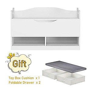 Timy Wooden Toy Box with Bench Seat, Toy Storage Chest with 2 Reversible Baskets and Safety Hinge for Kids, White