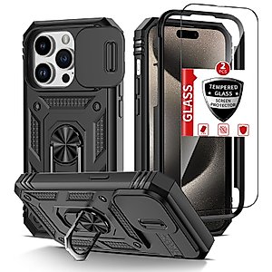 IYTRRYH for iPhone 15 Pro Max Case Kickstand with 2Tempered Glass Screen Protectors with Camera Cover&Magnetic Stand Ring Military Grade Drop Shockproof Heavy Duty Protection iPhone15Pro Max6.7‘’Black