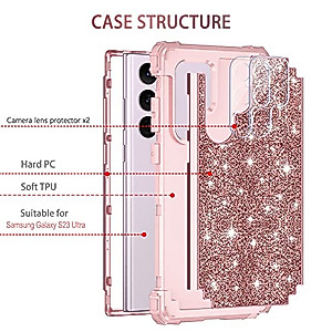 LONTECT for Galaxy S23 Ultra Case with 2 Camera Lens Protector,Three-Layer Shockproof Heavy Duty Full Body Sturdy Protective Case for Samsung Galaxy S23 Ultra 5G,Rose Gold