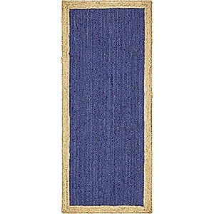 Unique Loom Braided Jute Collection Classic Quality Made Natural Hand Woven with Solid Color Detail, Area Rug, Runner 2' 6" x 6' 0", Navy Blue/Tan