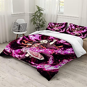 Zekdoi Japanese Anime Duvet Cover Set Full Size,Demon Kamado Nezuko Bedding Comforter Cover for Teen Boys Girls Bedroom Decor, 3 Pieces Soft Microfiber Bedding Sets with 2 Pillowcases