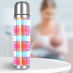 Stainless Steel Leather Vacuum Insulated Mug Cascading Plaid Thermos Water Bottle for Hot and Cold Drinks Kids Adults 16 Oz