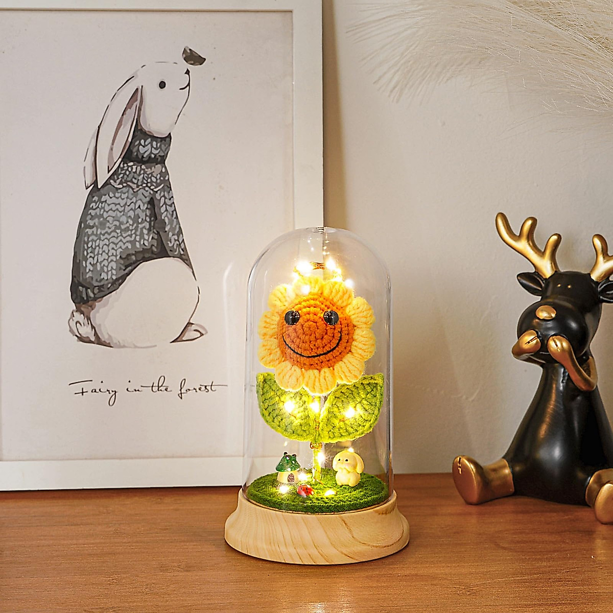 Levvohd Crochet Sunflower Gifts for Women, Artificial Sun Flower Birthday Gifts for Grandma, in Plastic Dome Sunflower, for Her Mom Mothers Day Christmas Day Gifts (B - Sunflower 4.3 in X 7.5 in)