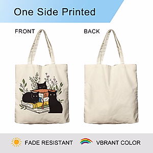 Dlzdn Black Cat Canvas Tote Bag For Women Aesthetic Cute Cat Floral Book Tote Bag Shopping Grocery Bag Beach Bag Gifts for Women Teacher Bag Reusable Grocery Bag