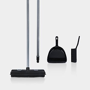 Rubber Bristle Expandable Broom Set with Dustpan & Handheld Rubber Brush for Surface Cleaning, Dust Pet Hair Removal Sofa Sweeping, Built-in Rubber Squeegee Snap, Set of 3, Black