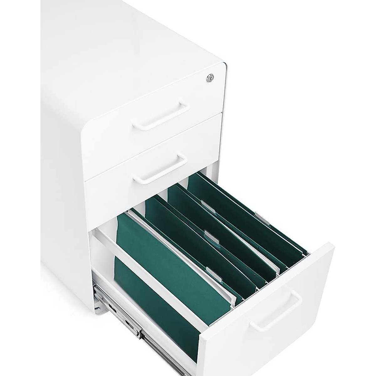 Poppin Stow 3-Drawer Rolling File Cabinet - White. 2 Utility Drawers and 1 Hanging File Drawer. Two Locking and Two Non-Locking Wheels. Powder-Coated Steel. Two Keys Included
